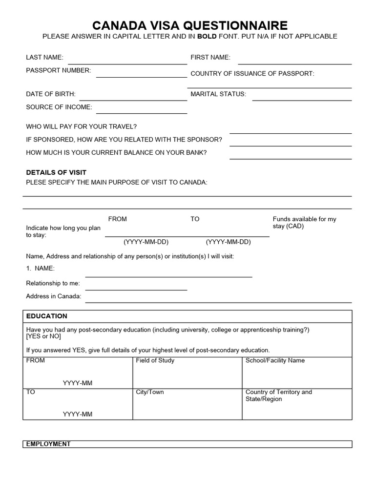 Canada Visa Questionnaire | Download Free PDF | Travel Visa | Employment