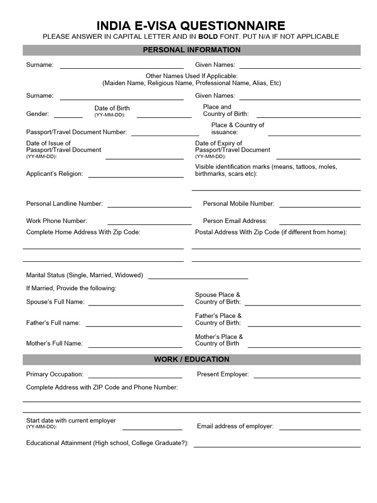 India E-Visa Questionnaire | PDF | Government And Personhood