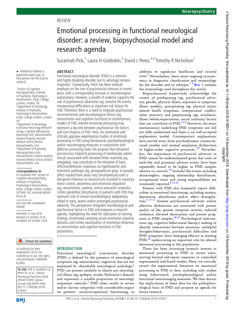Emotional Processing in Functional Neurological Disorder: A Review ...