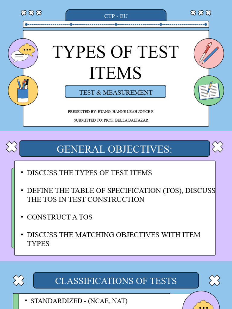 Test Item Types & TOS Guide | PDF | Multiple Choice | Validity (Statistics)