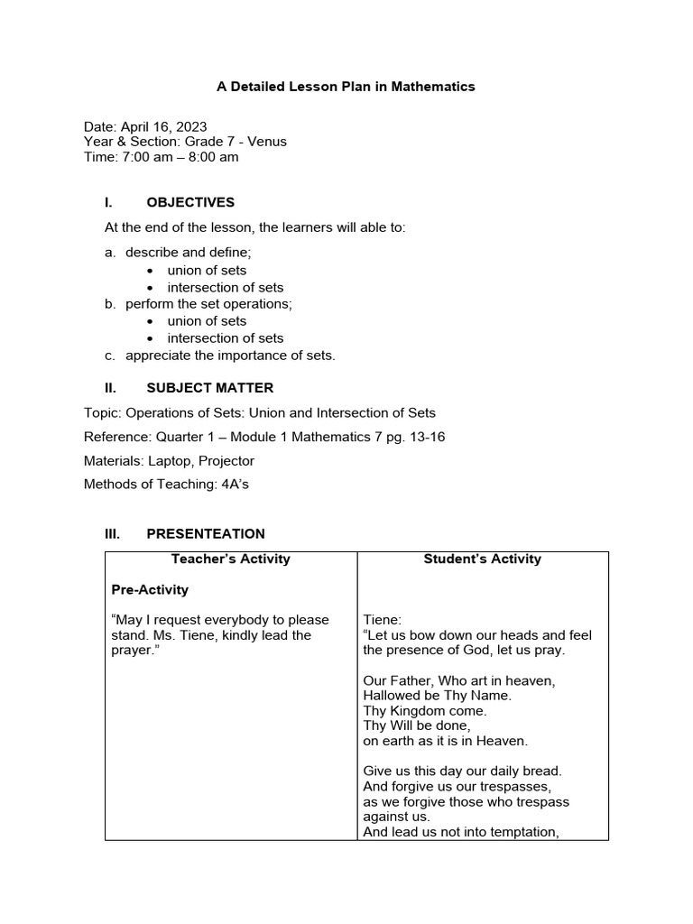 Grade 7 Math Lesson on Set Operations | PDF | Ellipsis | Lord's Prayer