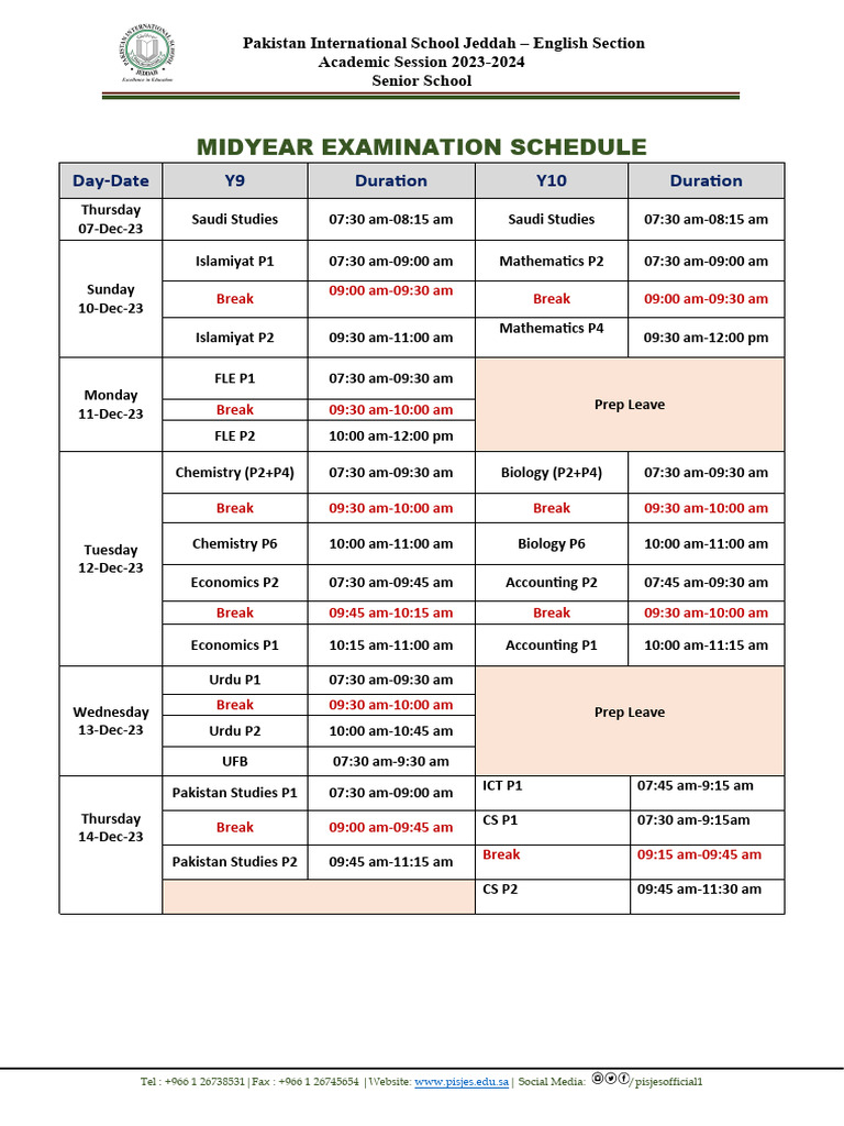 Y9-Y10 Mid-Year Exam Schedule and Timings 2023-24 | PDF