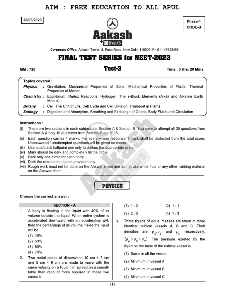 FTS 03 Code B Question Paper + Solutions @aakash Test Papers 2023 | PDF