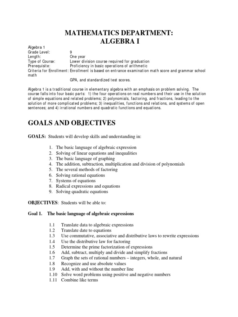 Algebra I Course Overview and Goals | PDF | Factorization | Equations