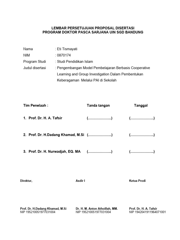 Contoh LEMBAR PERSETUJUAN PROPOSAL DISERTASI | PDF