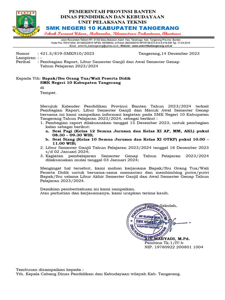 Surat Pemberitahuan Pembagian Raport Dan Libur Semester Ganjil TP 2023-2024 | PDF | Sains ...
