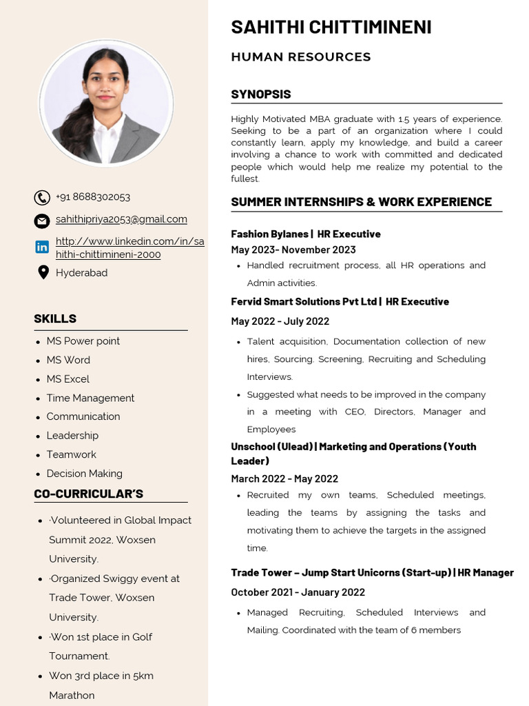 Resume - Sahithi Chittimineni | PDF | Leadership | Economies