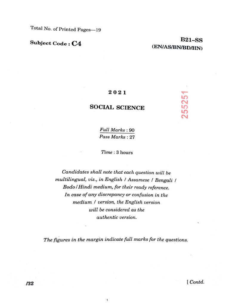 Social Science HSLC Question Paper 2022 | PDF