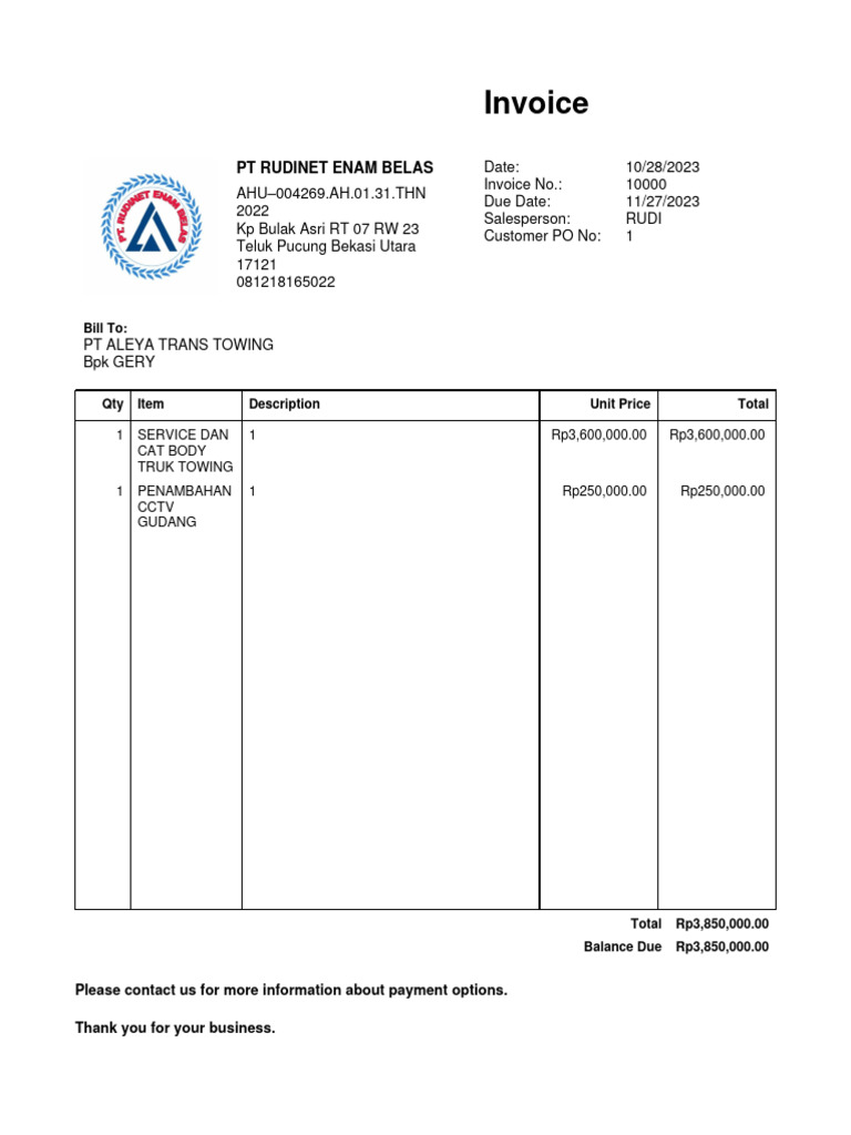 Pt Rudinet Enam Belas Invoice 10000 Pdf