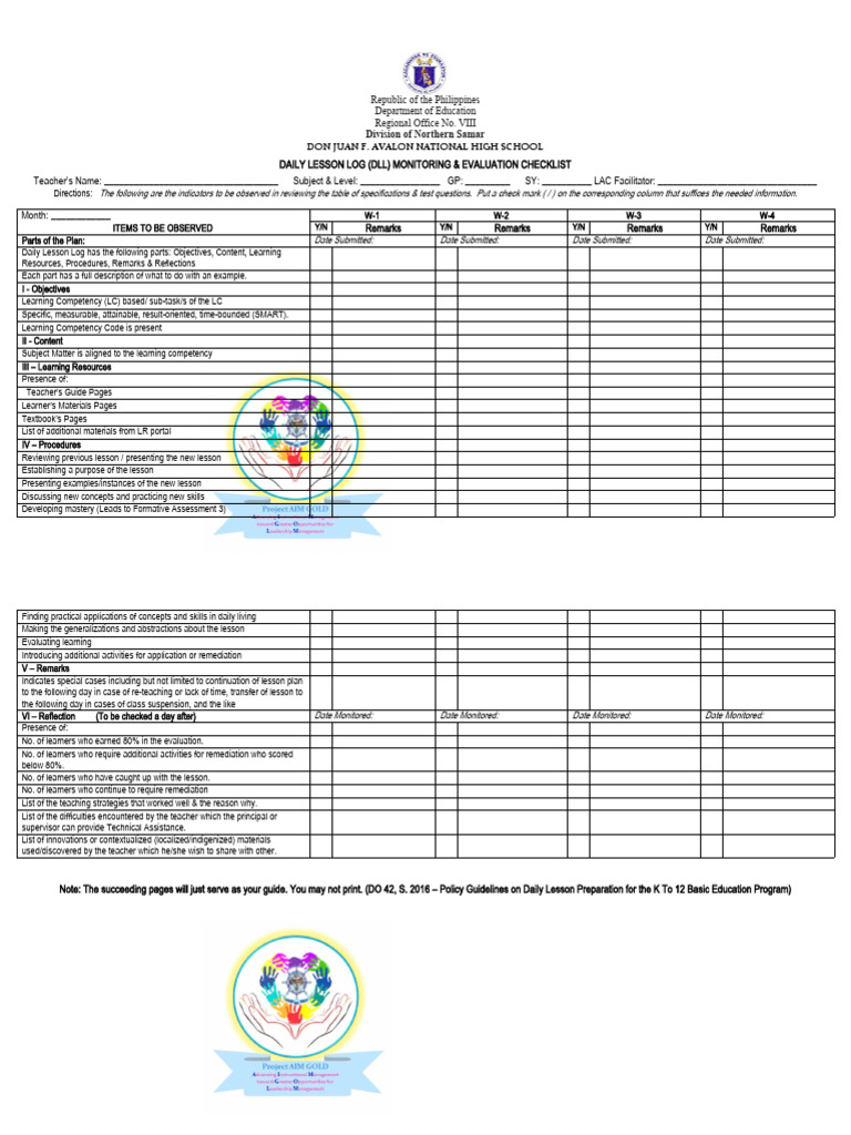Per Teacher Daily Lesson Log DLL M E Checklist | PDF | Teachers | Learning
