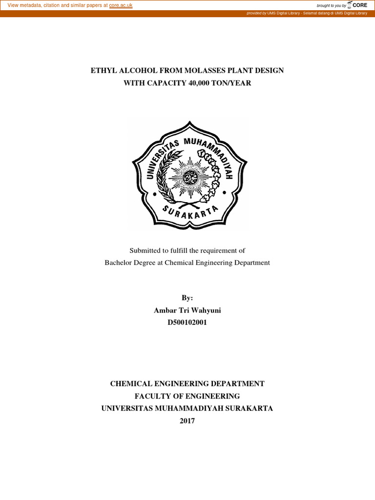 Ethyl Alcohol From Molasses Plant Design With Capacity 40,000 Ton/Year ...