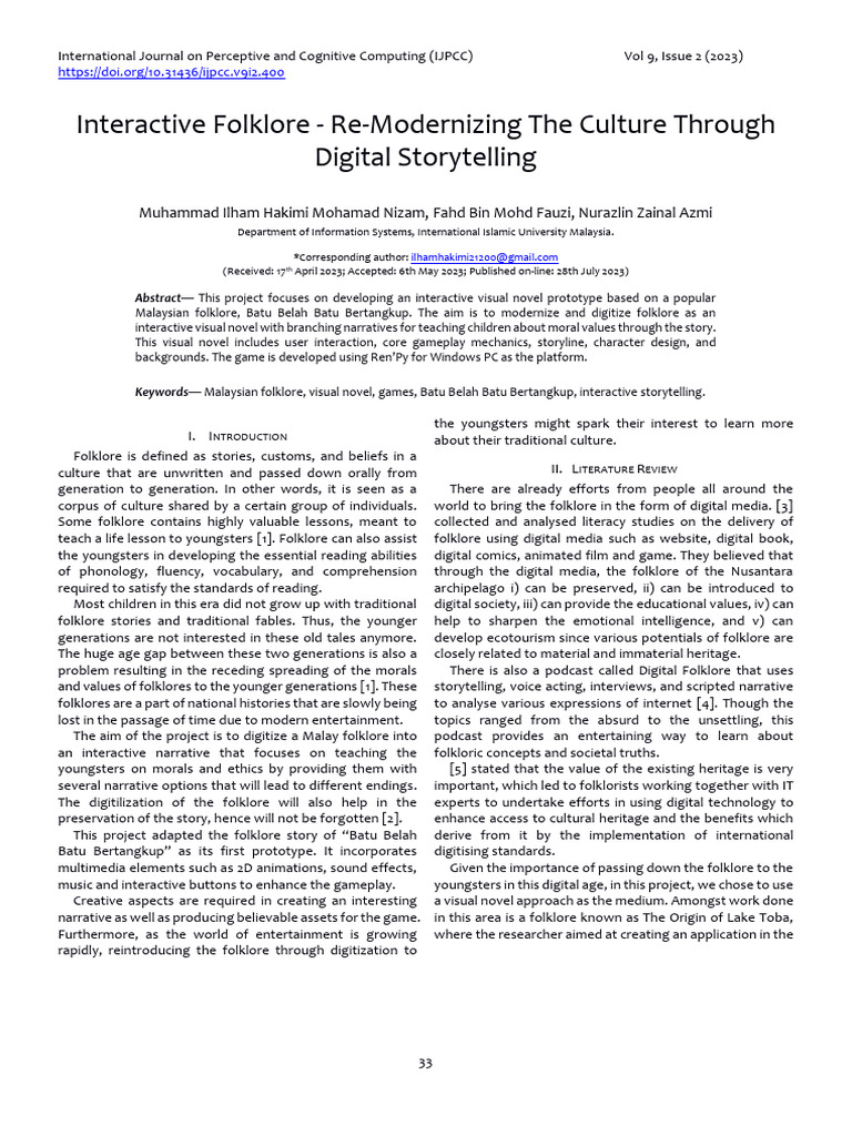 Interactive Folklore - Re-Modernizing The Culture Through Digital Storytelling | PDF