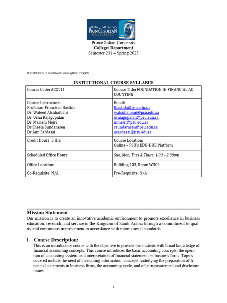 Final Version - Psu Course Syllabus - Acc111 - Term 231 | PDF | Debits ...