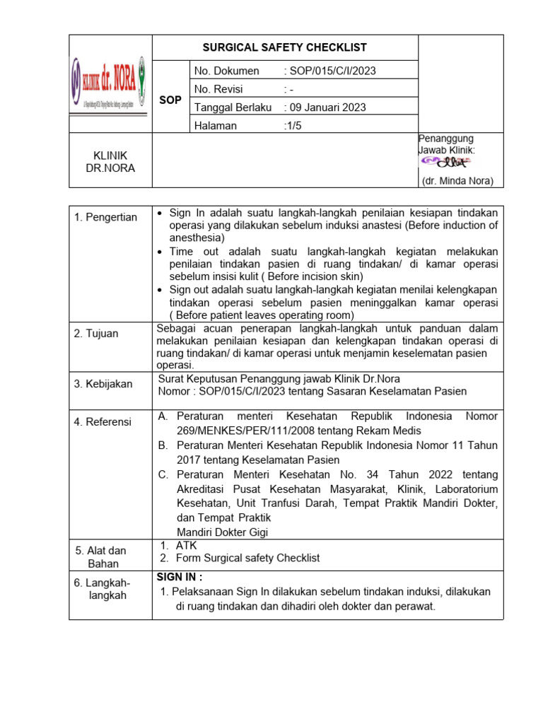 PMKP 2 Ep 5.1 Sop Surgical Safety Checklist | PDF