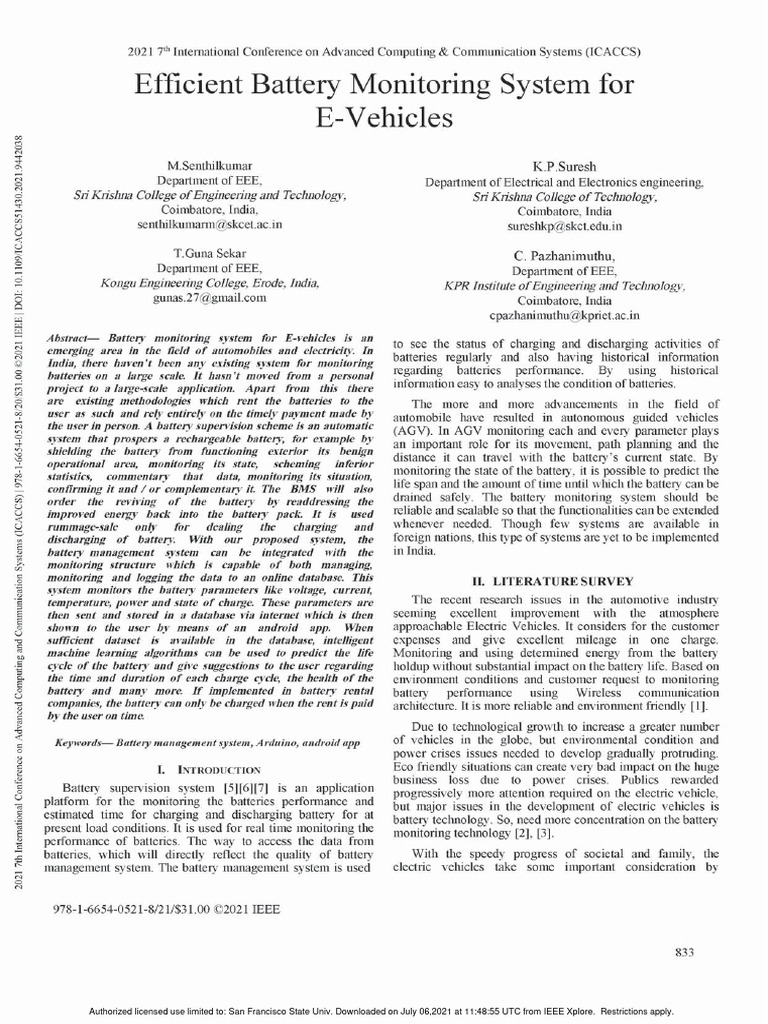 Efficient Battery Monitoring System For E-Vehicles | PDF | Rechargeable ...