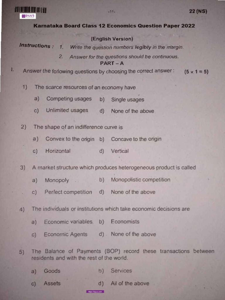 Karnataka Board Class 12 Economics Question Paper 2022 | PDF | Monopoly ...