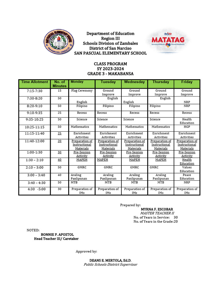Grade 3 Class Program SY 2023-2024 | PDF