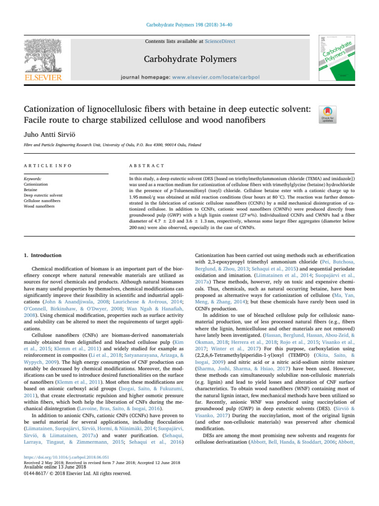 Cationization of Lignocellulosic Fibers With Betaine in Deep Eutectic ...