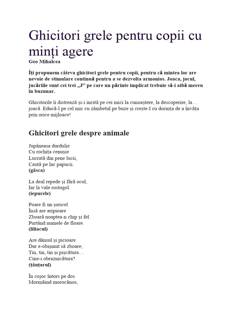 Ghicitori Grele Pentru Copii Cu Minți Agere | PDF