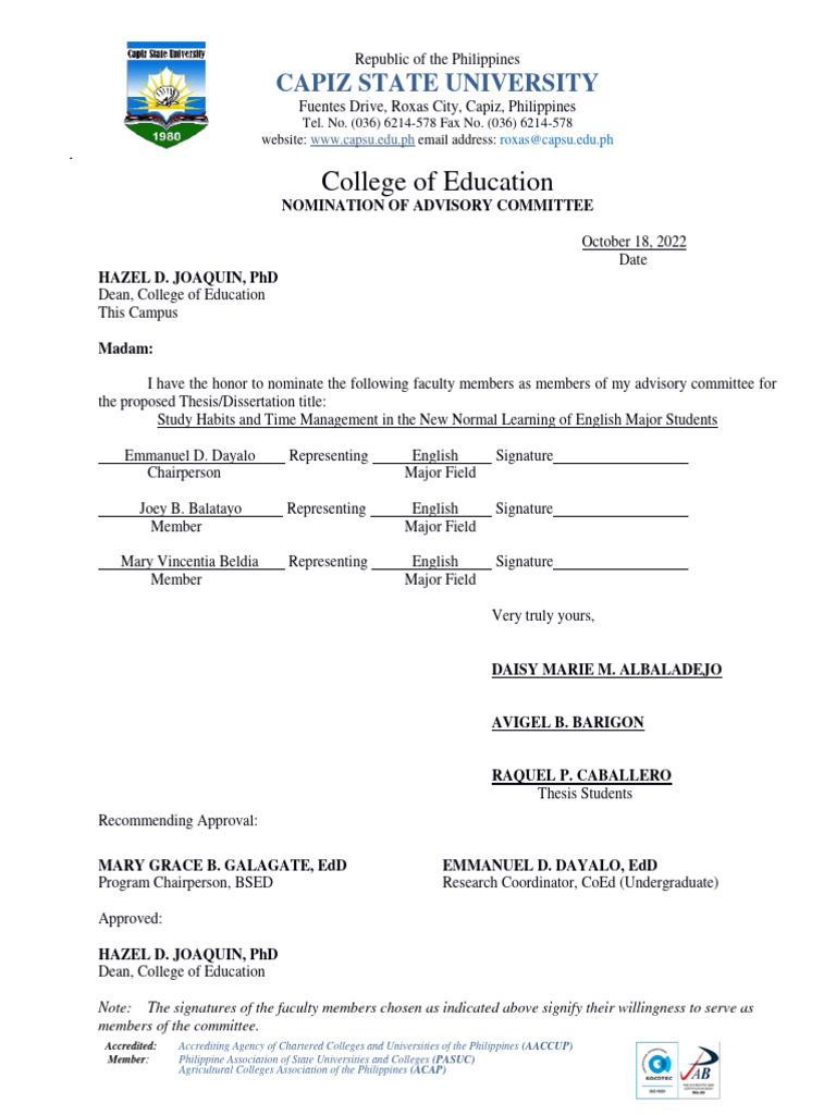 Advisory Committee Nomination Form | PDF | Thesis | Educational Stages