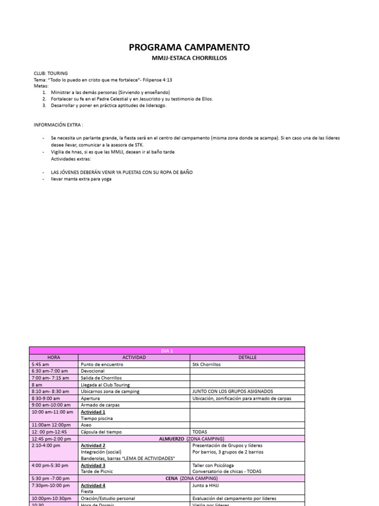 Programa Campamento | PDF | Cámping | Supervivencia