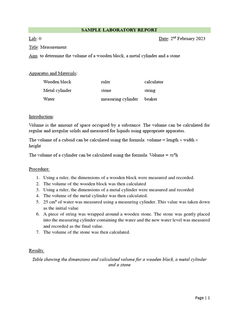 SCI1001 Sample Laboratory Report | PDF | Volume | Length