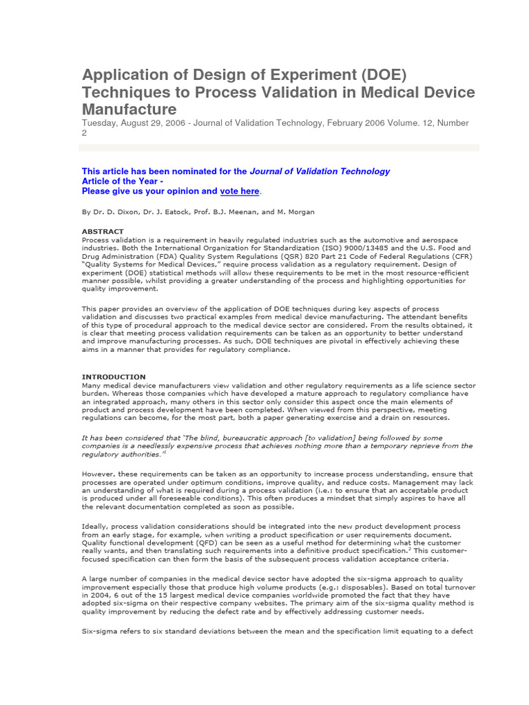 1756 - Application of DOE To Process Validation in Medical Device Manufacture | PDF ...