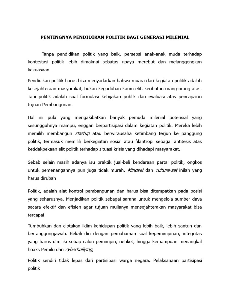 Pentingnya Pendidikan Politik Bagi Generasi Milenial | PDF