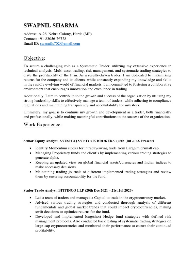 Swapnil CV | PDF | Day Trading | Investing