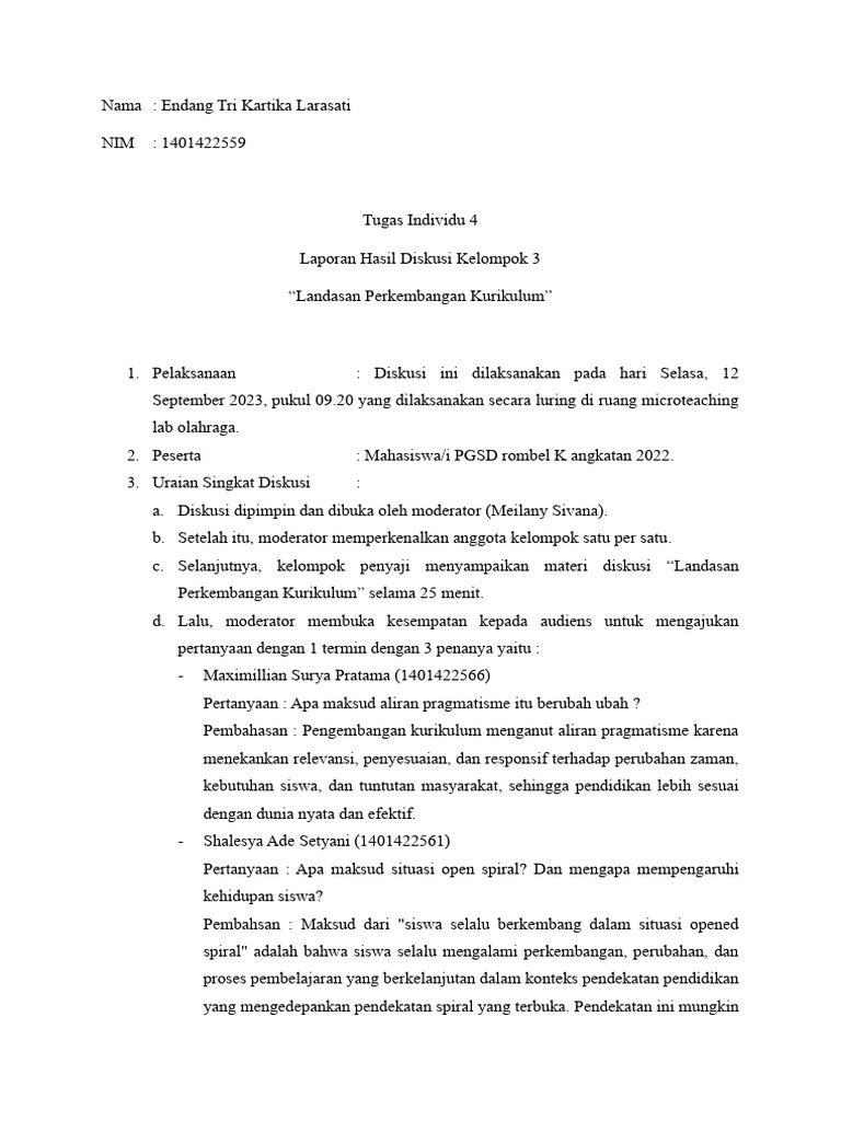 Tugas 4 Pengembangan Kurikulum SD - Endang Tri Kartika | PDF