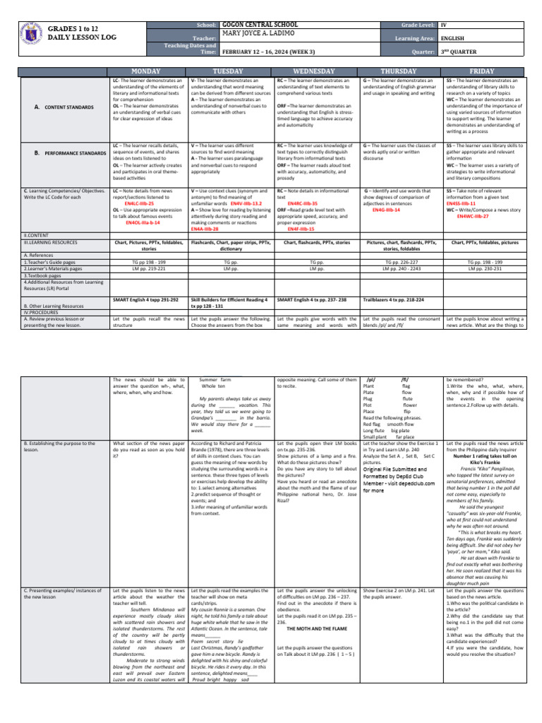 DLL - English 4 - Q3 - W3 | PDF | Learning | English Language