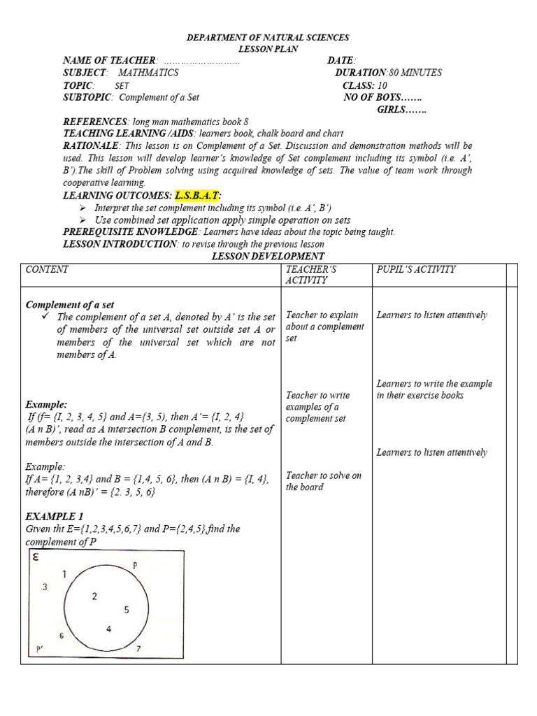 650dd14a3d2b7grade 10 Mathematics Sets - Complement of A Set Editable Lesson Plan | PDF ...