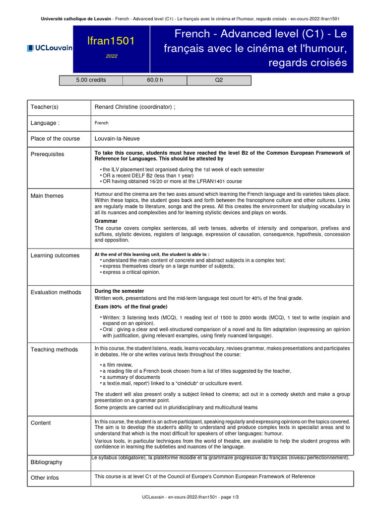 Advanced French C1: Cinema & Humor Course | PDF | Linguistics | Human ...