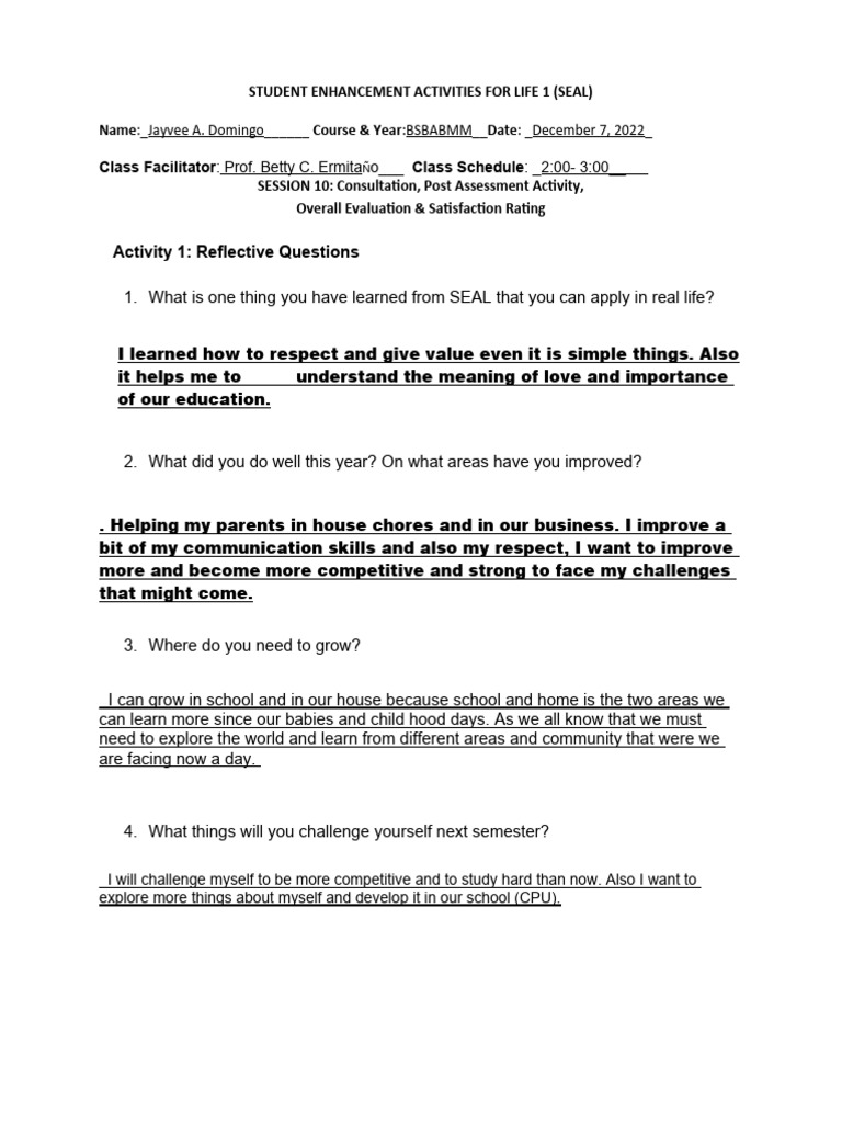 SEAL: Student Growth Reflections | PDF | Behavior Modification | Learning