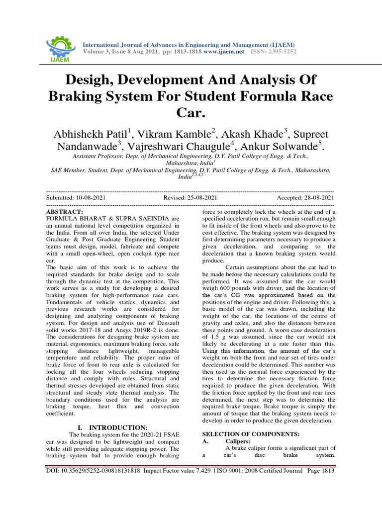 Design Development and Analysis of Braking System For Student Formula ...