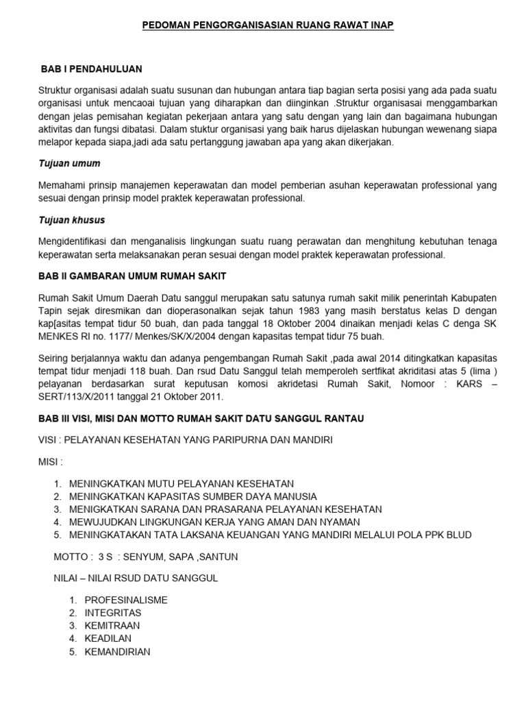 Pedoman Pengorganisasian Ruang Rawat Inap 2024 | PDF