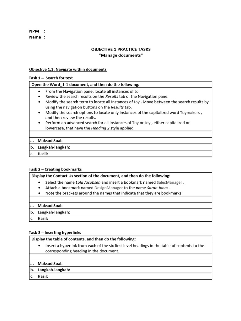Objective 1 Tugas 1 Form Tugas Pdf Microsoft Word Computer File