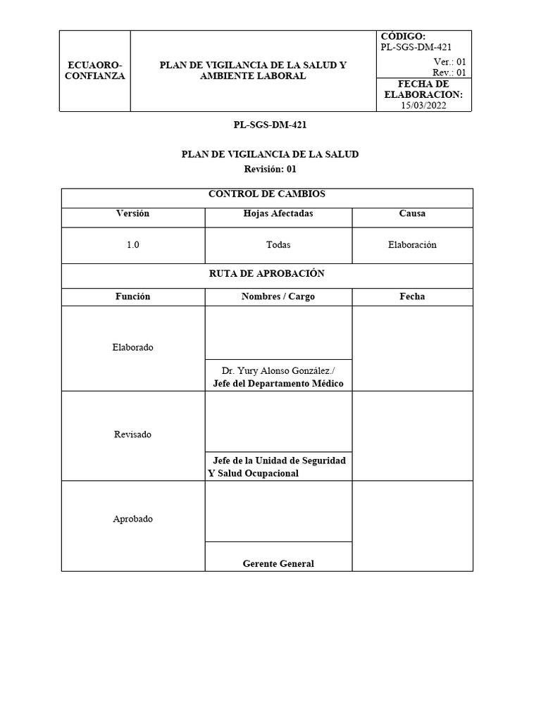 PL-SGS-DM-421 Plan de Vigilancia de La Salud 2022 | PDF | Seguridad y salud ocupacional | Riesgo