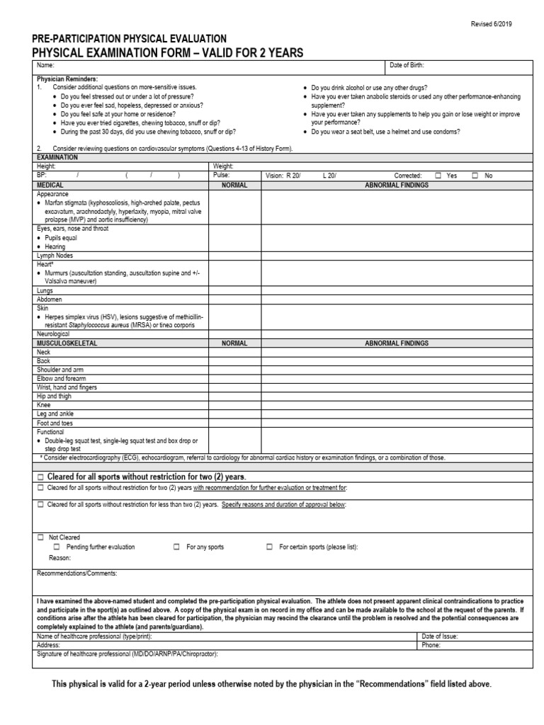 Pre-Participation Physical Evaluation Form | PDF | Diseases And ...