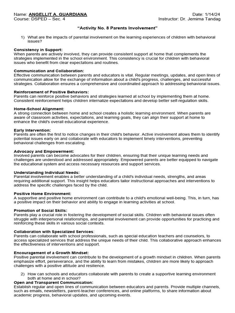Guardiana - Act 8 Parent Involvement | PDF | Individualized Education Program | Goal Setting
