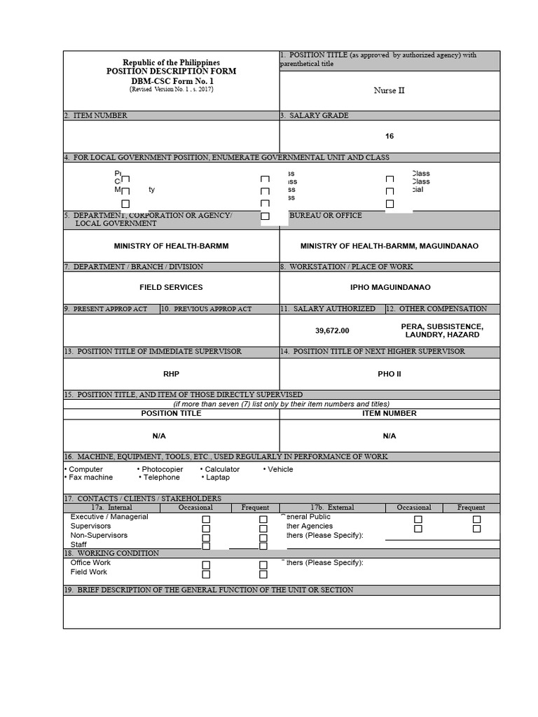 Republic of The Philippines Position Description Form DBM-CSC Form No ...