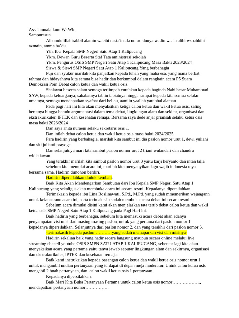 Text MC Debat Ketua OSIS | PDF