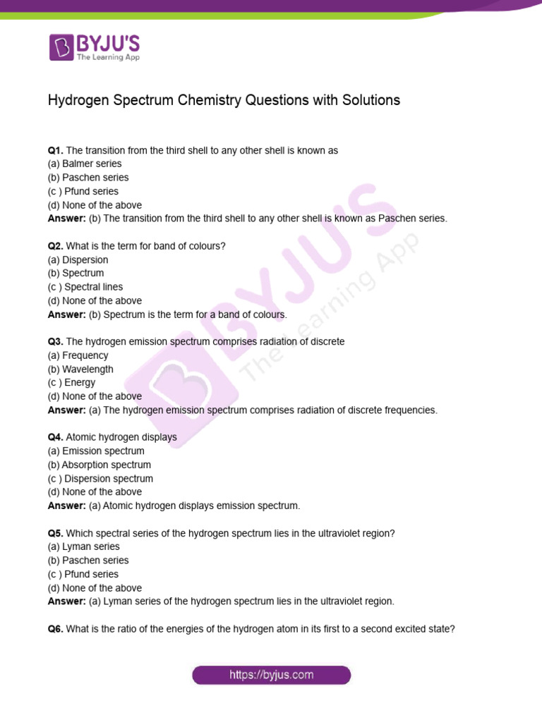 Hydrogen Spectrum Chemistry Questions With Solutions - Docx 2 | PDF | Energy Level | Emission ...