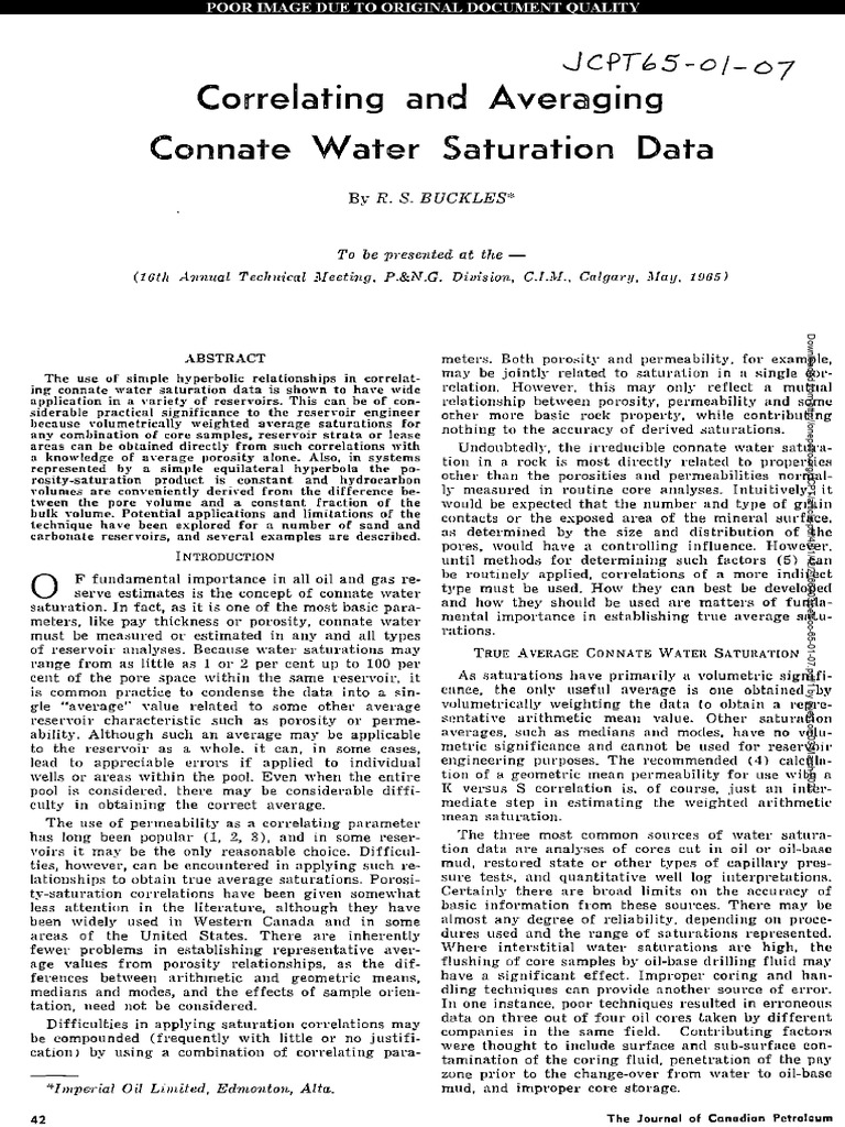 Correlating and Averaging Connate Water Saturation Data: Jcptb5 | PDF ...