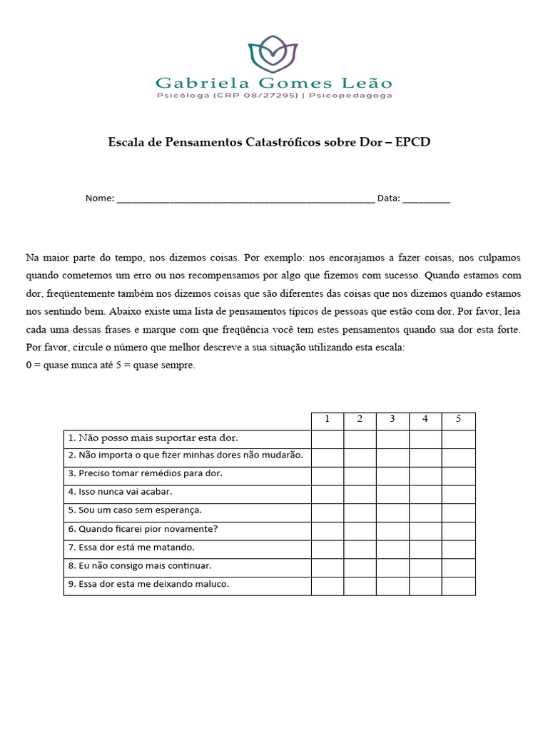 Escala de Pensamentos Catastróficos Sobre Dor - EPCD | PDF
