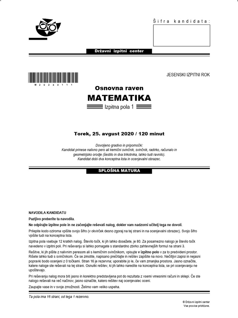 Matematika: Osnovna Raven | PDF