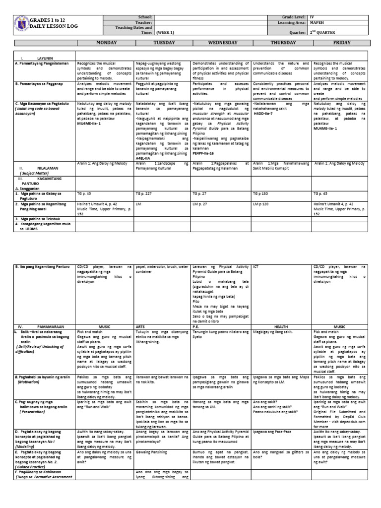 DLL - Mapeh 4 - Q2 - W1 | PDF