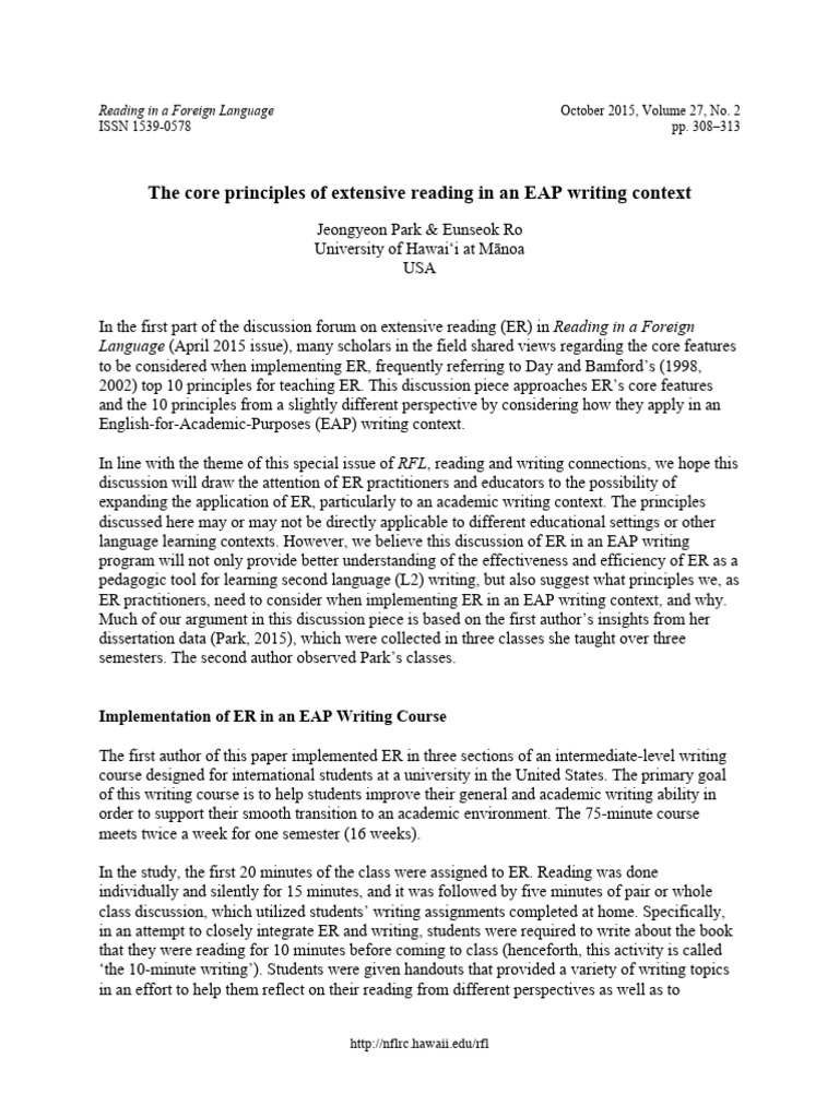 2015 The core principles of extensive reading in an EAP writing context | PDF | Literacy | Teachers