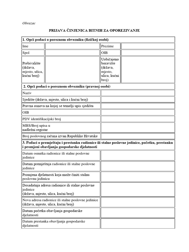 Obrazac Prijava Cinjenica Bitnih Za Oporezivanje NN4519 | PDF