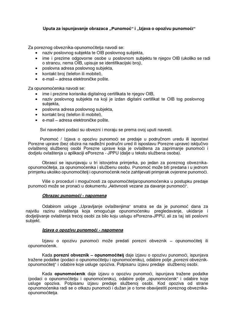 Uputa Za Ispunjavanje Obrazaca Punomoci I Opoziva Punomoci | PDF